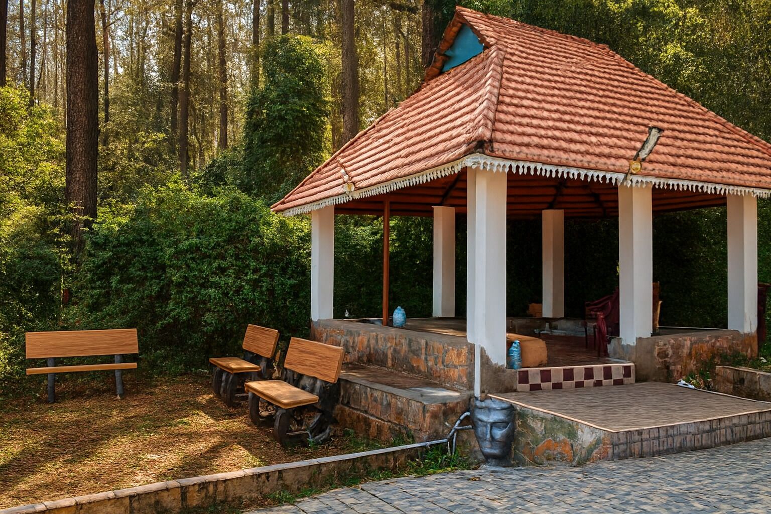 Um coreto com telhado de azulejos, bancos de madeira e um caminho de pedra.