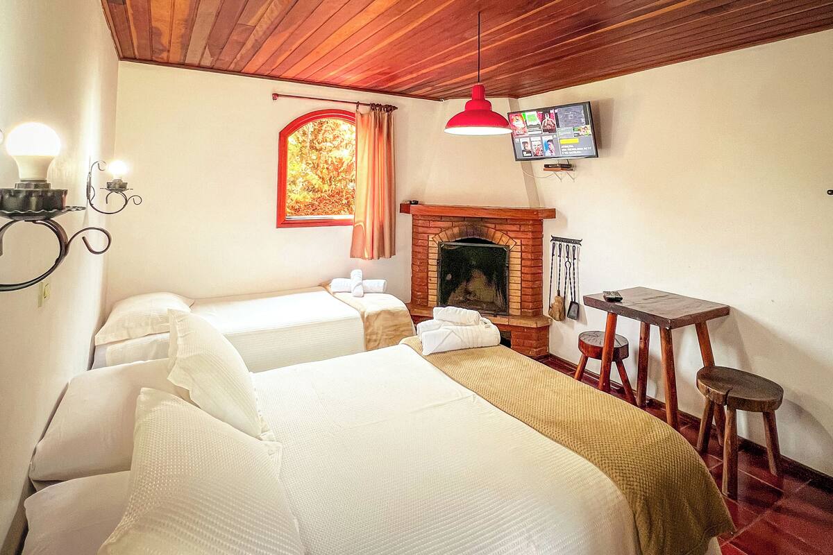 Quarto com duas camas, lareira, televisão e teto de madeira.