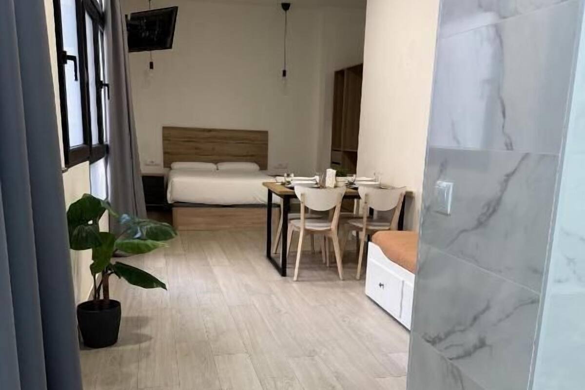 Quarto de hotel com cama, escrivaninha e uma cadeira. Há uma planta no lado esquerdo.