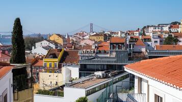 Paisagem urbana com uma ponte destacada ao fundo, diversos edifícios com estilos arquitetônicos variados e céu claro.