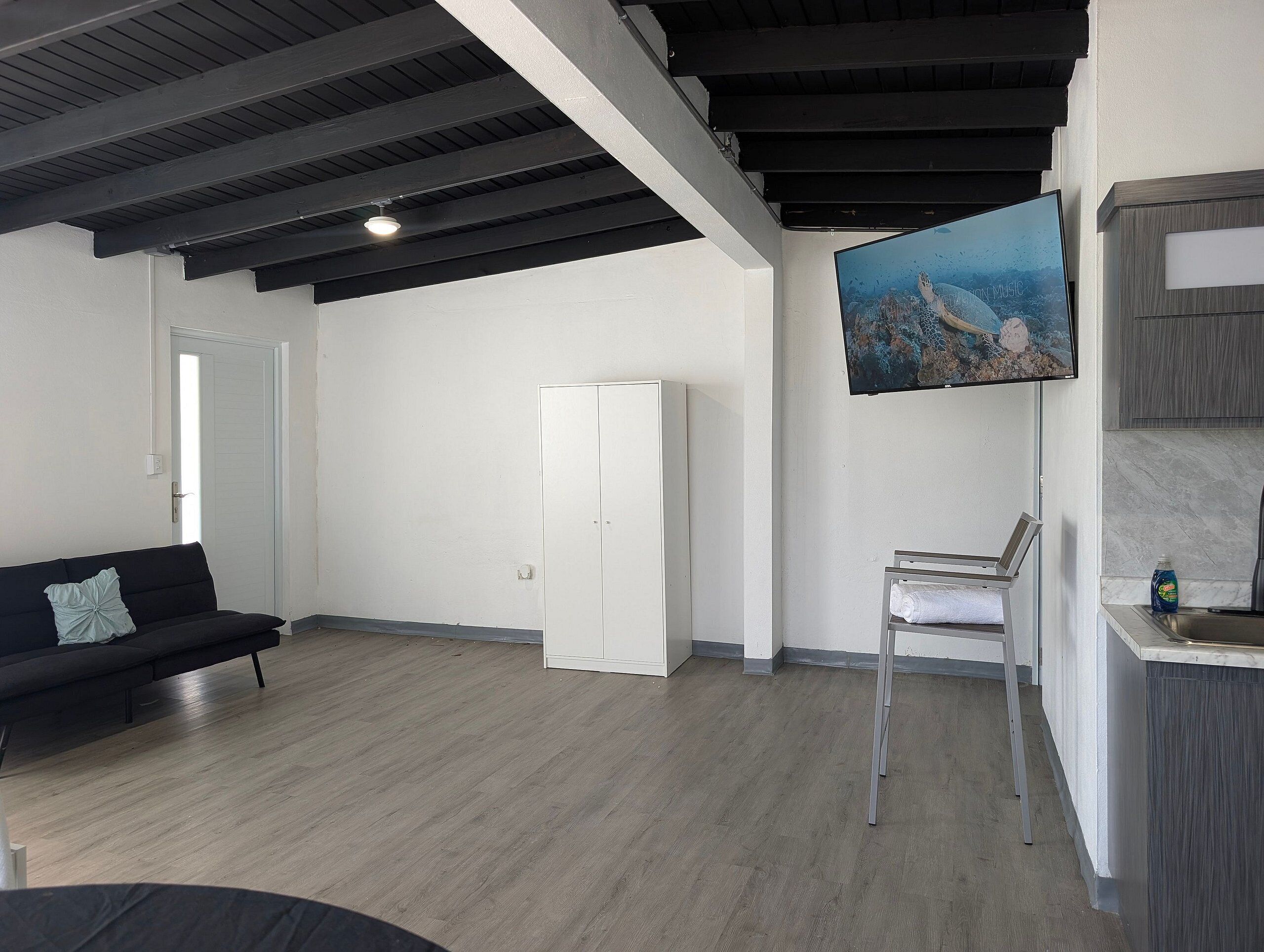 Interior moderno com piso de madeira, um sofá preto, um guarda-roupa branco e uma área de cozinha com pia e um quadro na parede.