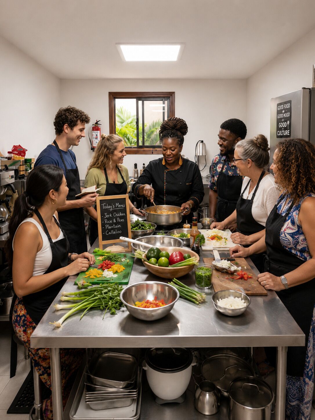 Um grupo de pessoas em uma cozinha preparando comida, com um letreiro mostrando pratos como frango jerk e arroz com ervilhas.