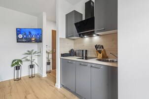 Estúdio, varanda | Cozinha privada | Um frigorífico, uma placa de cozinha, utensílios de cozinha