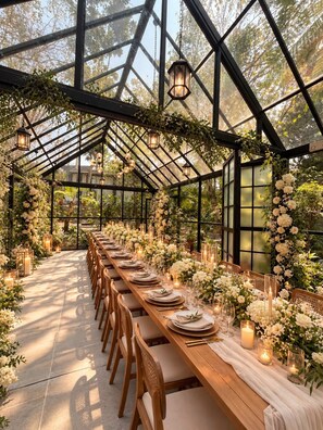 Um espaço tipo estufa, com uma longa mesa de jantar, cadeiras e decoração floral.
