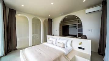 Villa, 2 quartos, piscina privativa, vista para o oceano | Cofre no quarto, secretária, cortinas/cortinados opacos, Wi-fi grátis