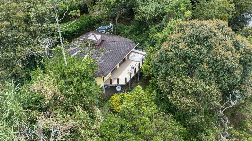 Uma casa flutuante com teto curvo, rodeada por vegetação densa.