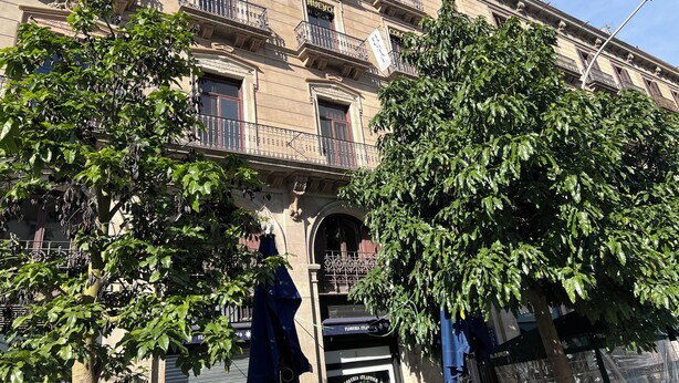 Um edifício com vários andares, varandas, uma placa com 'Hostal' e uma árvore em primeiro plano.