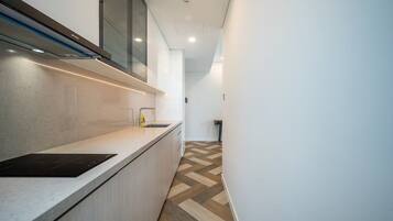 Apartamento de Luxo, 2 quartos, varanda, Vista para a cidade | Cozinha privada | Um frigorífico/congelador grande, um micro-ondas, um forno