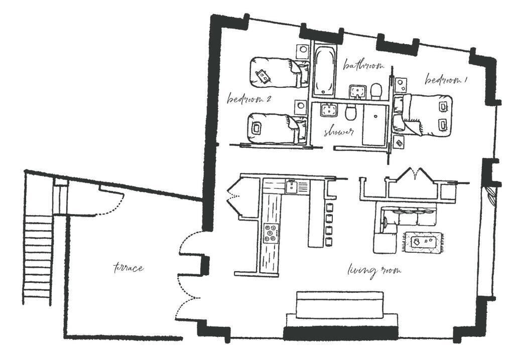 Planta baixa de um hotel com dois quartos, um banheiro, sala de estar, terraço e escada.