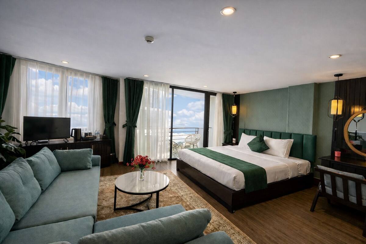 Quarto de hotel com cama, sofá, televisão, uma pequena mesa com flores e vista para o céu.