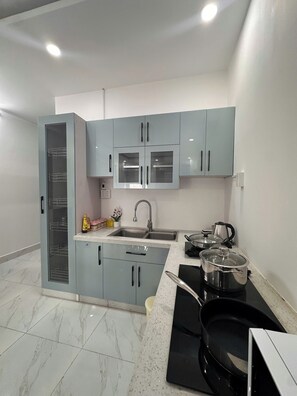 Quarto Duplo Deluxe, varanda, Vista para a cidade | Cozinha privada | Um frigorífico, um micro-ondas, uma placa de cozinha 
