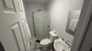 Suite-Estúdio Deluxe, 2 camas de casal, cozinha | Casa de banho | Um polibã, um secador de cabelo, toalhas fornecidas, sabão