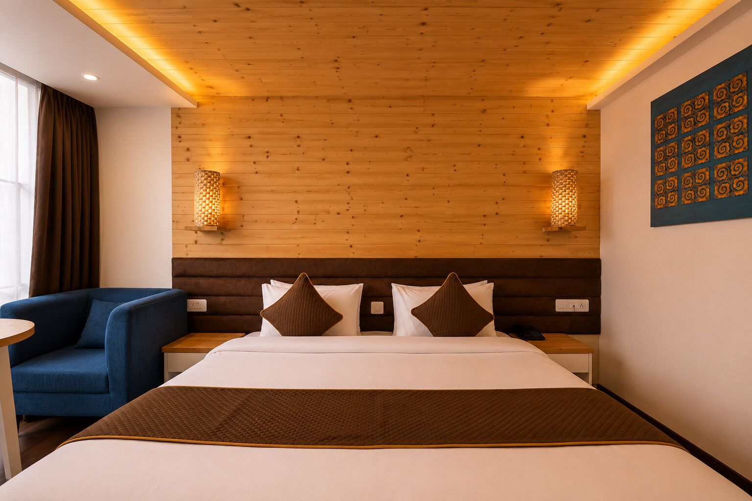 Quarto de hotel com teto de madeira, cama com roupa de cama branca e almofadas castanhas, poltrona azul e luminárias fixadas na parede.