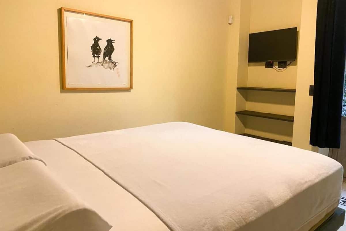 Quarto de hotel com cama, uma obra de arte emoldurada de pássaros, televisão e prateleira.