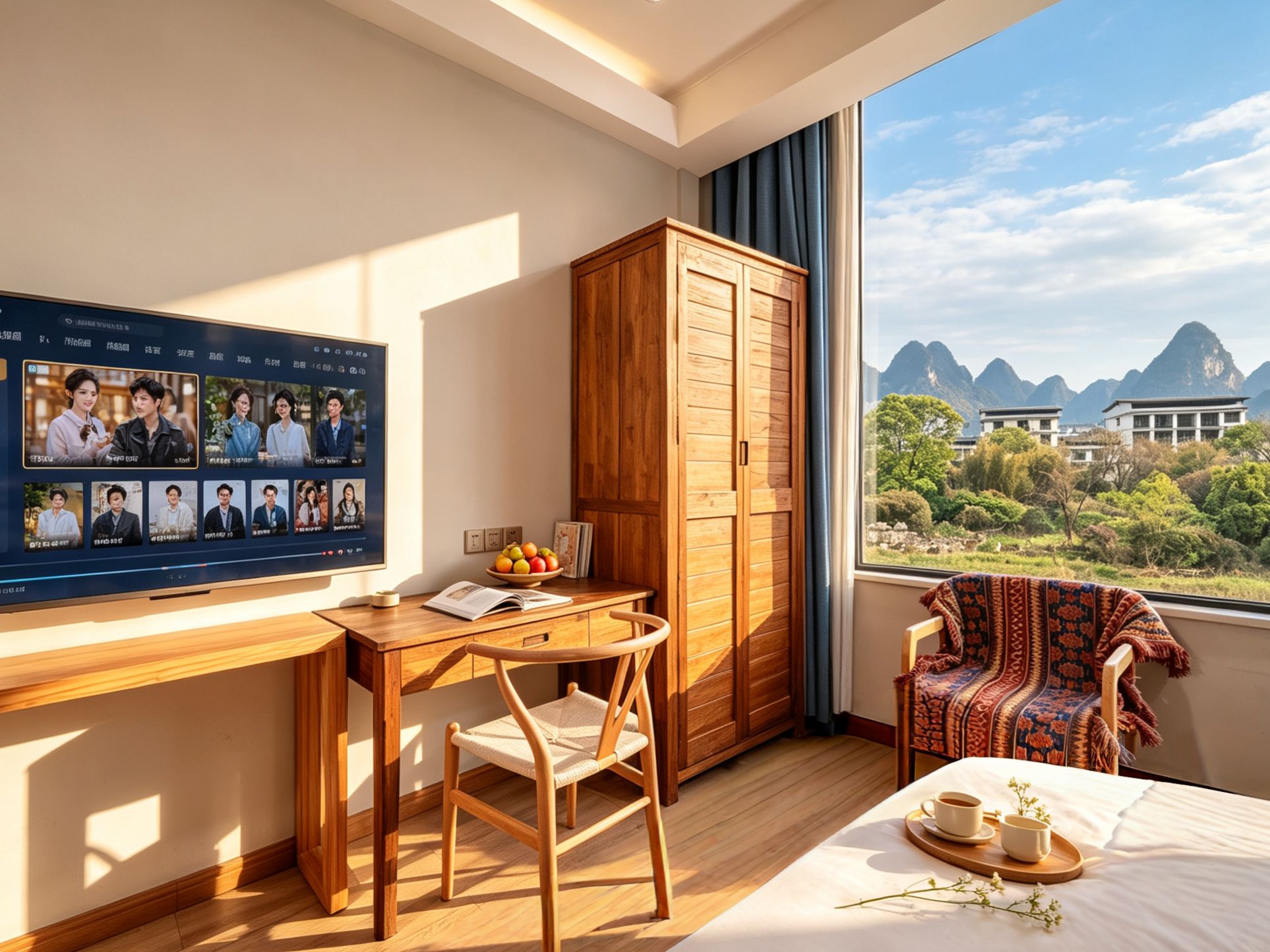 Quarto de hotel com uma secretária de madeira, uma cadeira confortável, uma cama com uma bandeja de chávenas de café, um guarda-roupa e uma janela ampla com vista para a montanha.