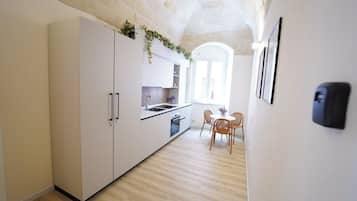 Minifrigorífico, uma placa de cozinha, utensílios de cozinha