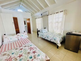 Quarto com duas camas, uma cozinha compacta e um ventilador de teto.