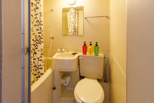 Um secador de cabelo, toalhas fornecidas, champô, papel higiénico 