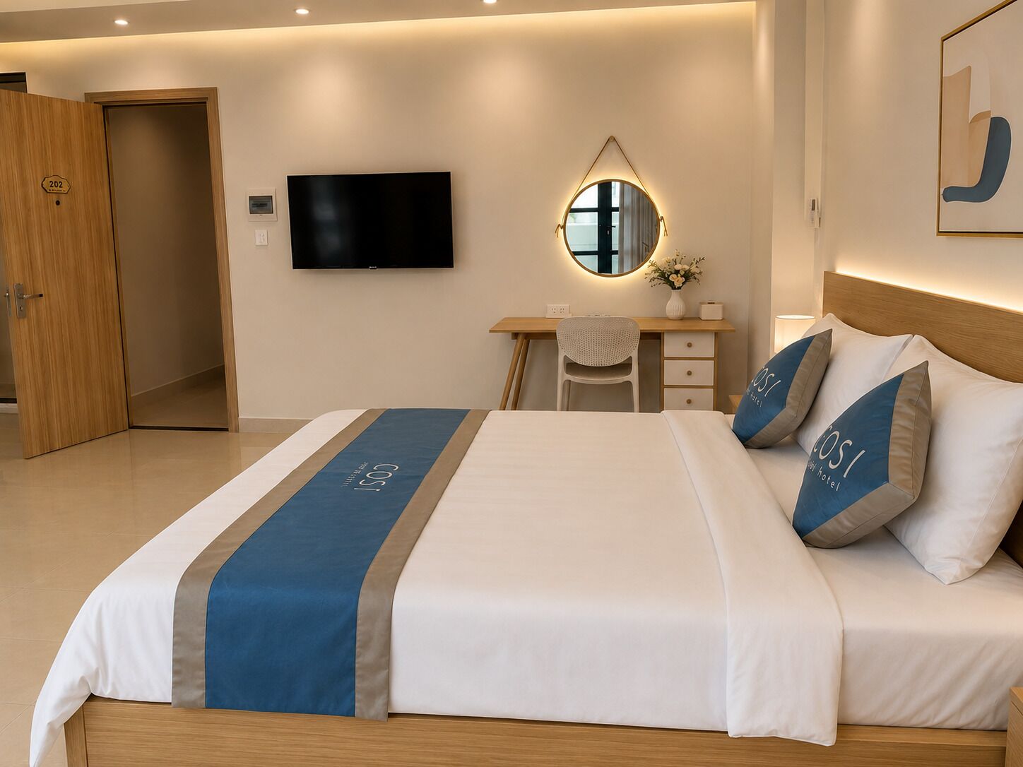 Quarto de hotel moderno com cama, escrivaninha, cadeira, televisão e espelho.