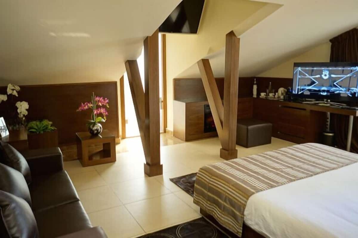 Quarto de hotel moderno com cama, televisão, sofá, pequena mesa com flores e um suporte para TV.