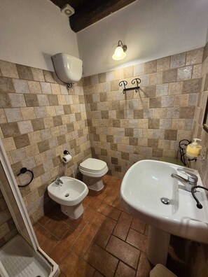Apartamento Familiar, vista para a montanha | Casa de banho | Um polibã, toalhas fornecidas, sabão, papel higiénico 