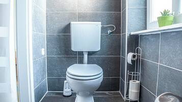 Quarto básico | Banheiro | Chuveiro, secador de cabelo, toalhas de banho, sabonete