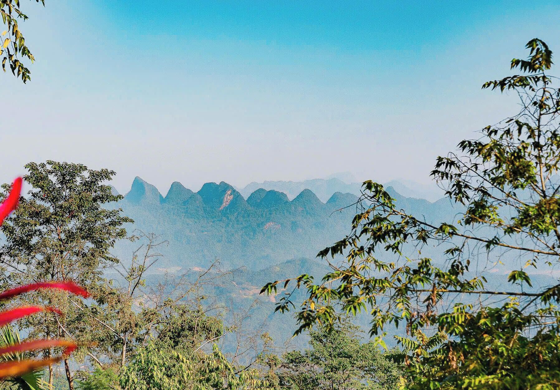 Paisagem montanhosa com vegetação densa em primeiro plano e céu claro.