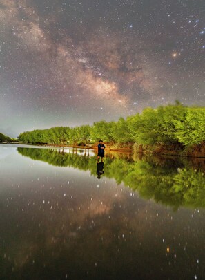 Uma pessoa à beira de um lago calmo que reflete o céu noturno e as estrelas.