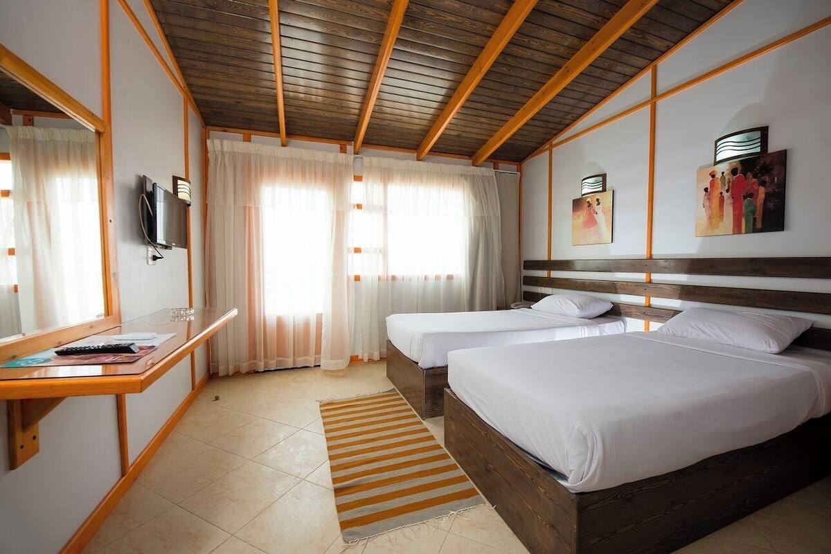 Quarto de hotel com duas camas, teto de madeira, televisão e obras de arte na parede.