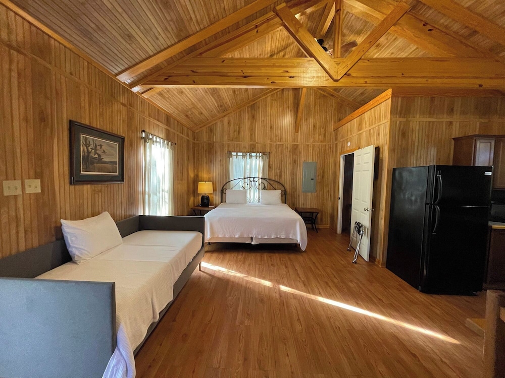 Vaulted-Ceiling Cabin for 4 with King Bed + Bunks, Full Kitchen & Pond ...