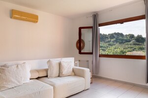 Uma sala de estar moderna com um sofá branco, uma janela grande com vista para vegetação, um radiador e um ar condicionado fixado na parede.