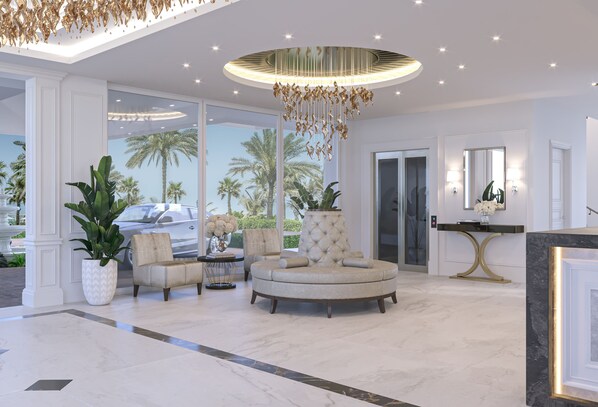 Um lobby luxuoso com área de estar circular, plantas em vasos grandes e vista para palmeiras através de amplas janelas.