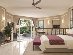 Quarto de hotel com uma cama grande, varanda com vista para palmeiras, ventilador de teto e televisão.