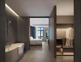 Quarto de hotel moderno com banheira, cama, televisão e closet espaçoso.