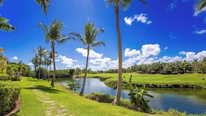 Um campo de golfe com um lago, palmeiras e um céu azul límpido.