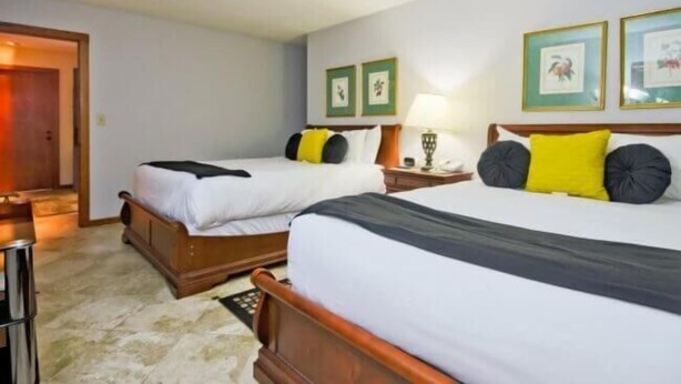 Quarto de hotel com duas camas, cabeceira de madeira, mesa de cabeceira com abajur e quadros nas paredes.