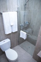 Uma casa de banho moderna com cabine de duche em vidro, sanita e duas toalhas penduradas na parede.