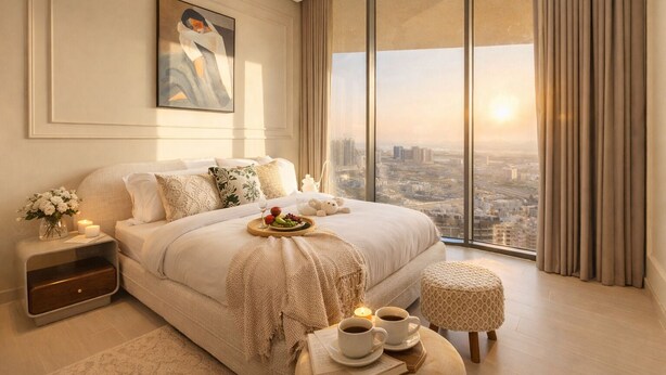 Quarto moderno com cama grande, mesa de cabeceira e uma pintura na parede, além de uma janela com vista para a cidade.