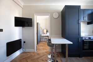 Apartamento Deluxe, casa de banho privativa, Vista para a cidade | Cozinha privada | Um frigorífico/congelador grande, um micro-ondas, um forno 