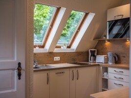 Apartamento standard, varanda, vista para o parque | Cozinha privada | Geladeira, micro-ondas, cooktop, lava-louças