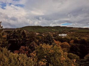 Paisagem com colinas onduladas, vegetação densa e alguns edifícios ao longe.