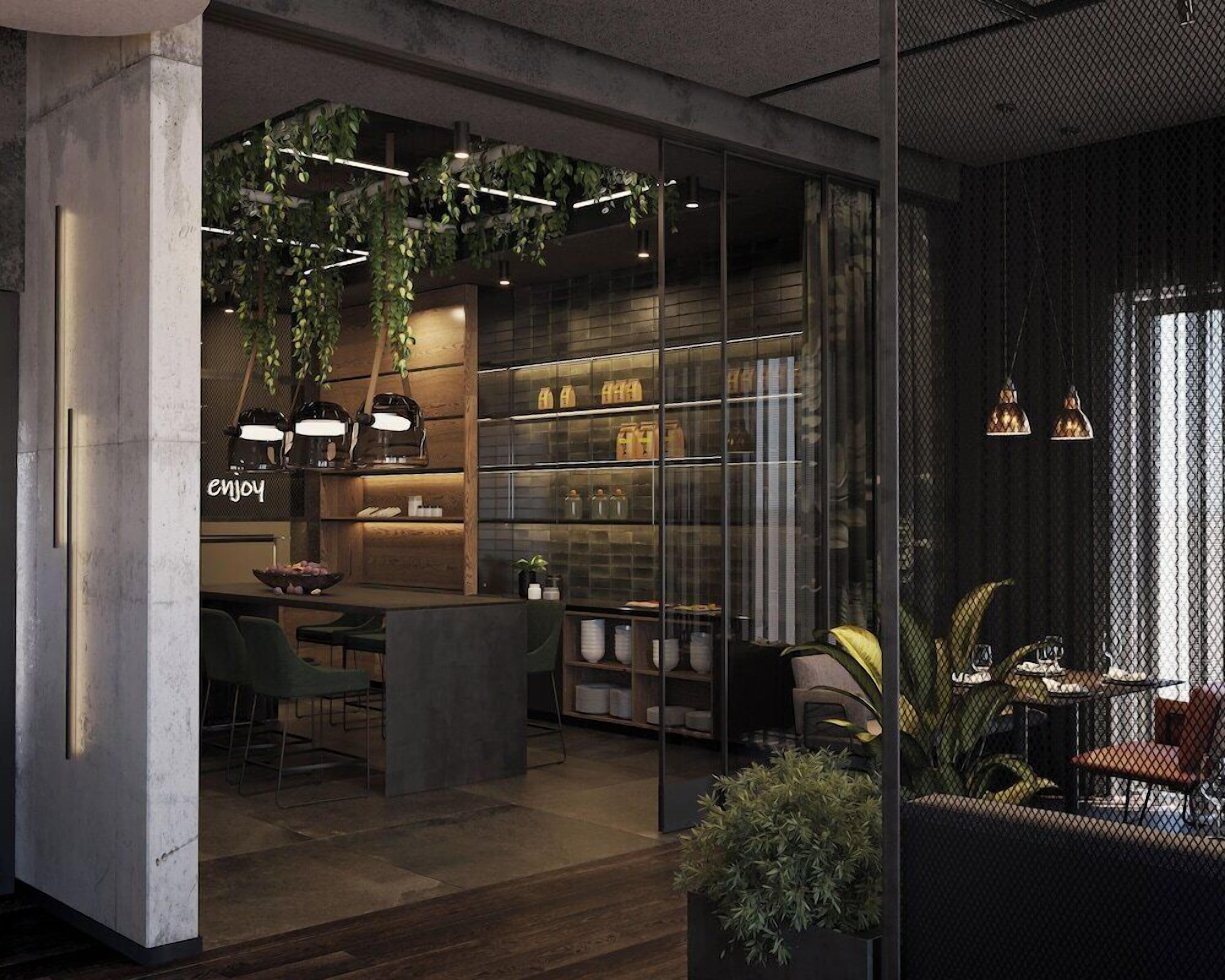 Decoração moderna com área de bar, assentos e estantes cheias de garrafas.