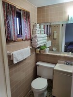 Um banheiro pequeno com vaso sanitário, pia e espelho sobre a pia. Toalhas pendem em um porta-toalhas e há uma janela com cortinas florais.