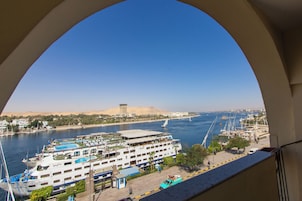 Vista para o rio com um grande navio de cruzeiro atracado, paisagem arenosa e céu azul límpido.