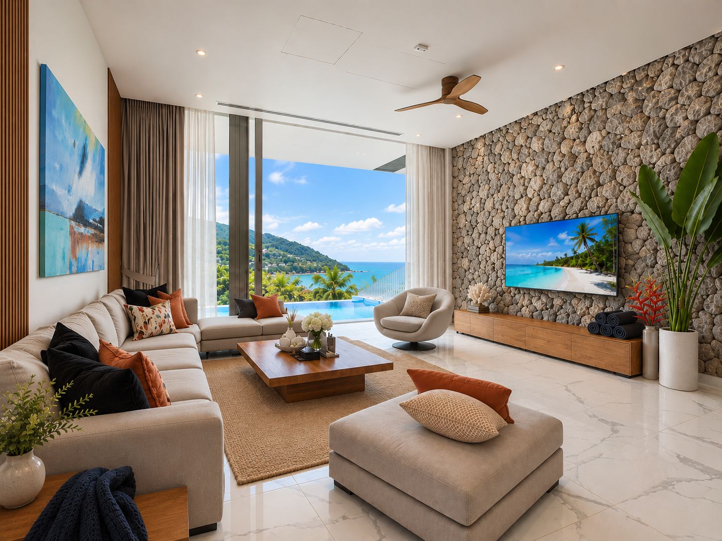 Uma sala de estar moderna com uma janela ampla, uma TV de tela plana e uma parede de pedra.