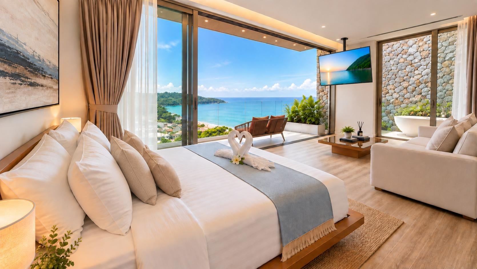 Quarto de hotel moderno com cama grande, sofá, TV e vista para o mar.