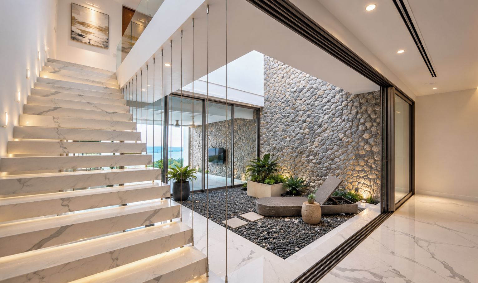 Interior moderno com escadaria de mármore, parede de pedra e área de estar com plantas.