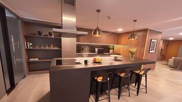 Geladeira, micro-ondas, fogão, cooktop