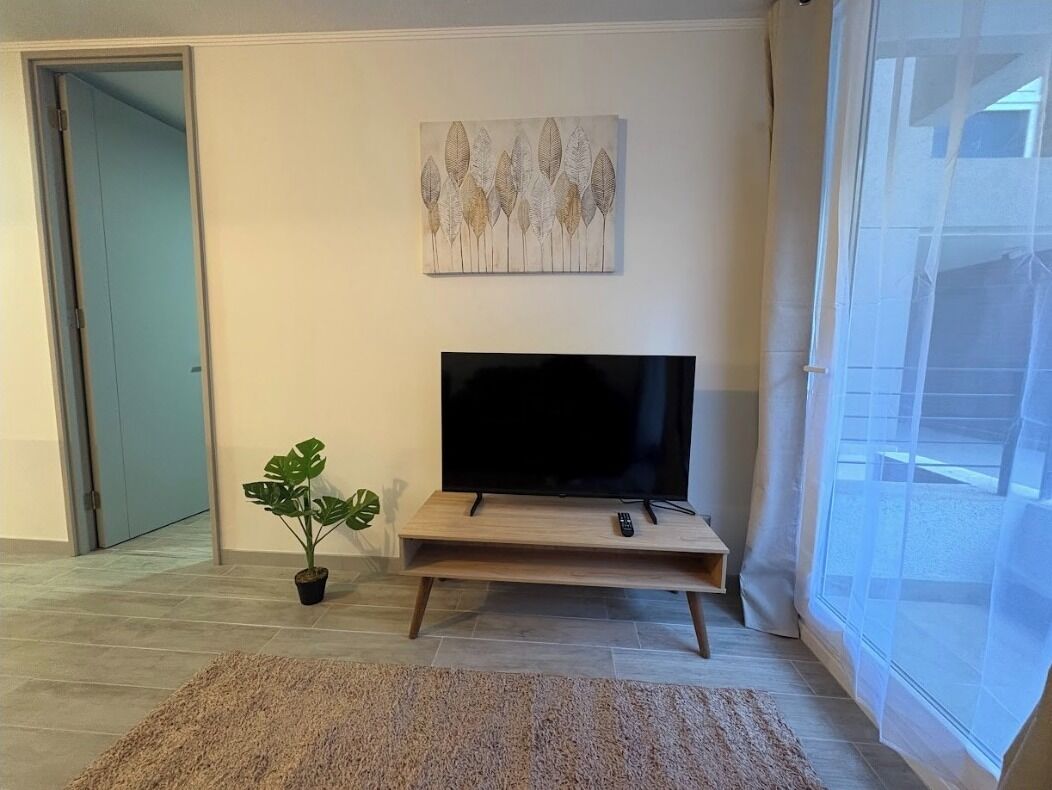 Uma sala de estar com televisão de tela plana em um suporte de madeira, uma planta em vaso e uma janela grande.