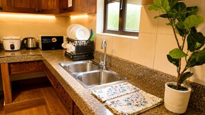 Uma cozinha com bancadas de granito, pia de aço inoxidável, armários de madeira, fogão e uma planta em vaso.